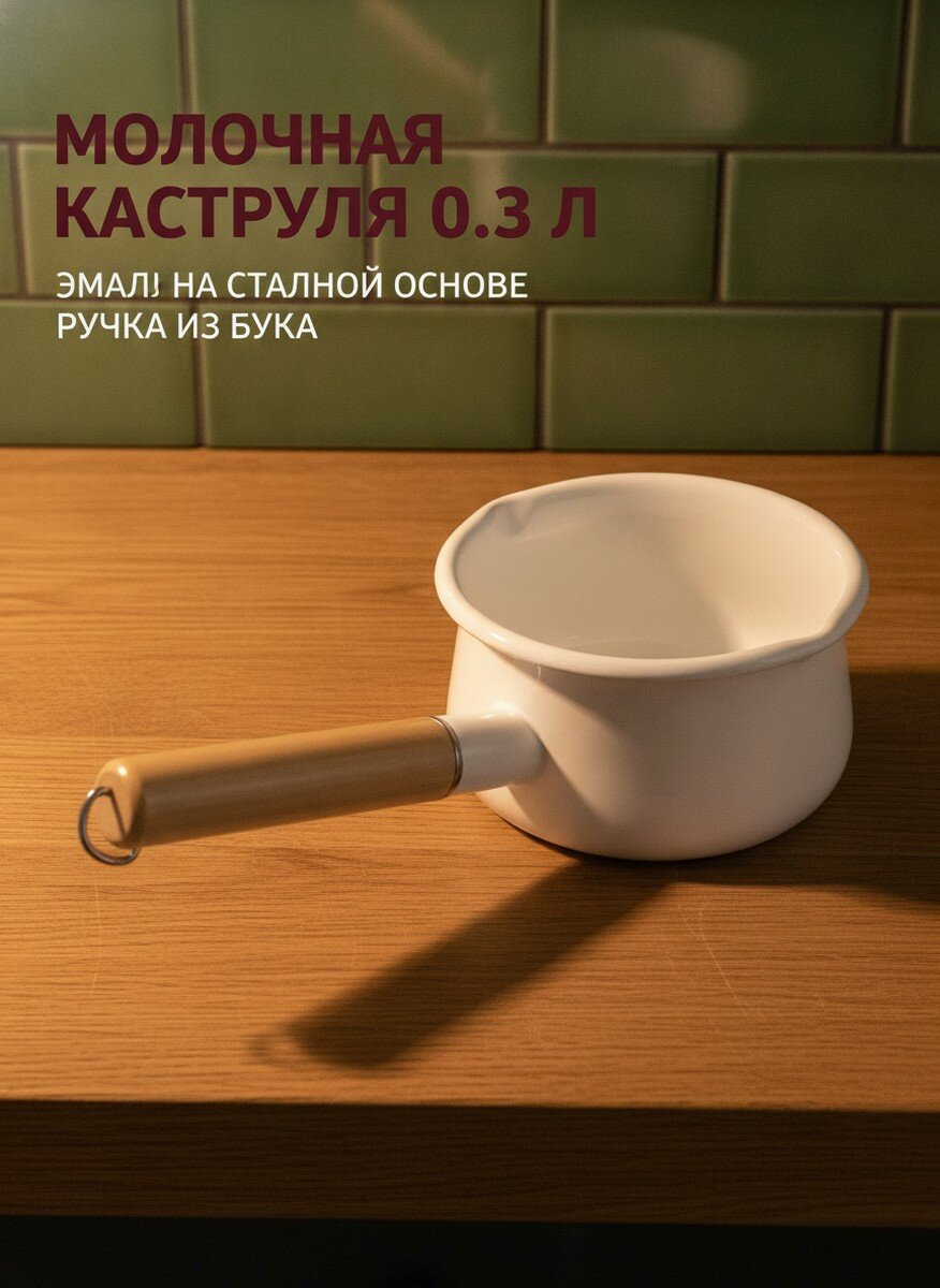 Ковш эмалированный с деревянной ручкой 1.25 л, Диаметр 14 сантиметров, белый цвет, С носиком для слива