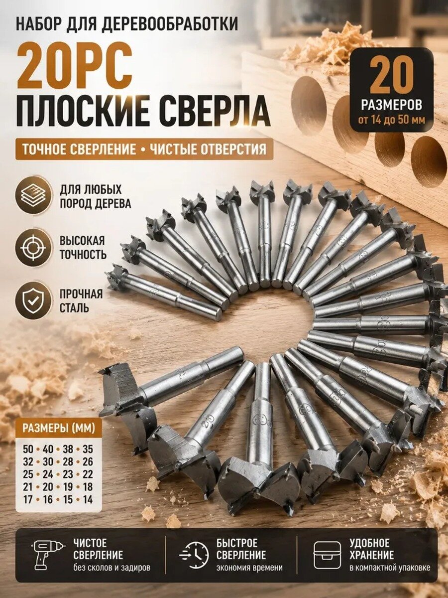 Набор сверл Форстнера по дереву, 20 шт, 14-50 мм, HSS, в коробке для дрели
