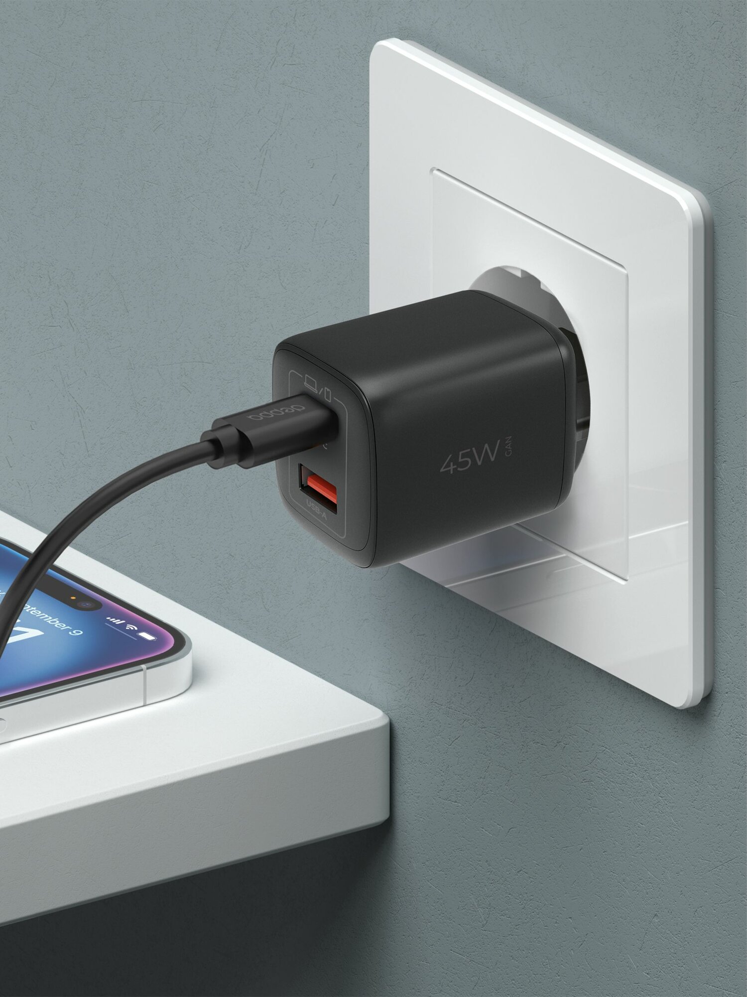 Зарядное устройство для телефона USB-C + USB-A, быстрая зарядка PD 3.0, QC 4.0+, 45Вт, GaN, черный, Deppa, 11478