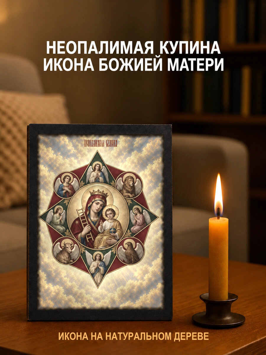 Икона «Неопалимая Купина икона Божией Матери» на натуральном дереве, 15×18 см, храмовая живопись, потёртое золото