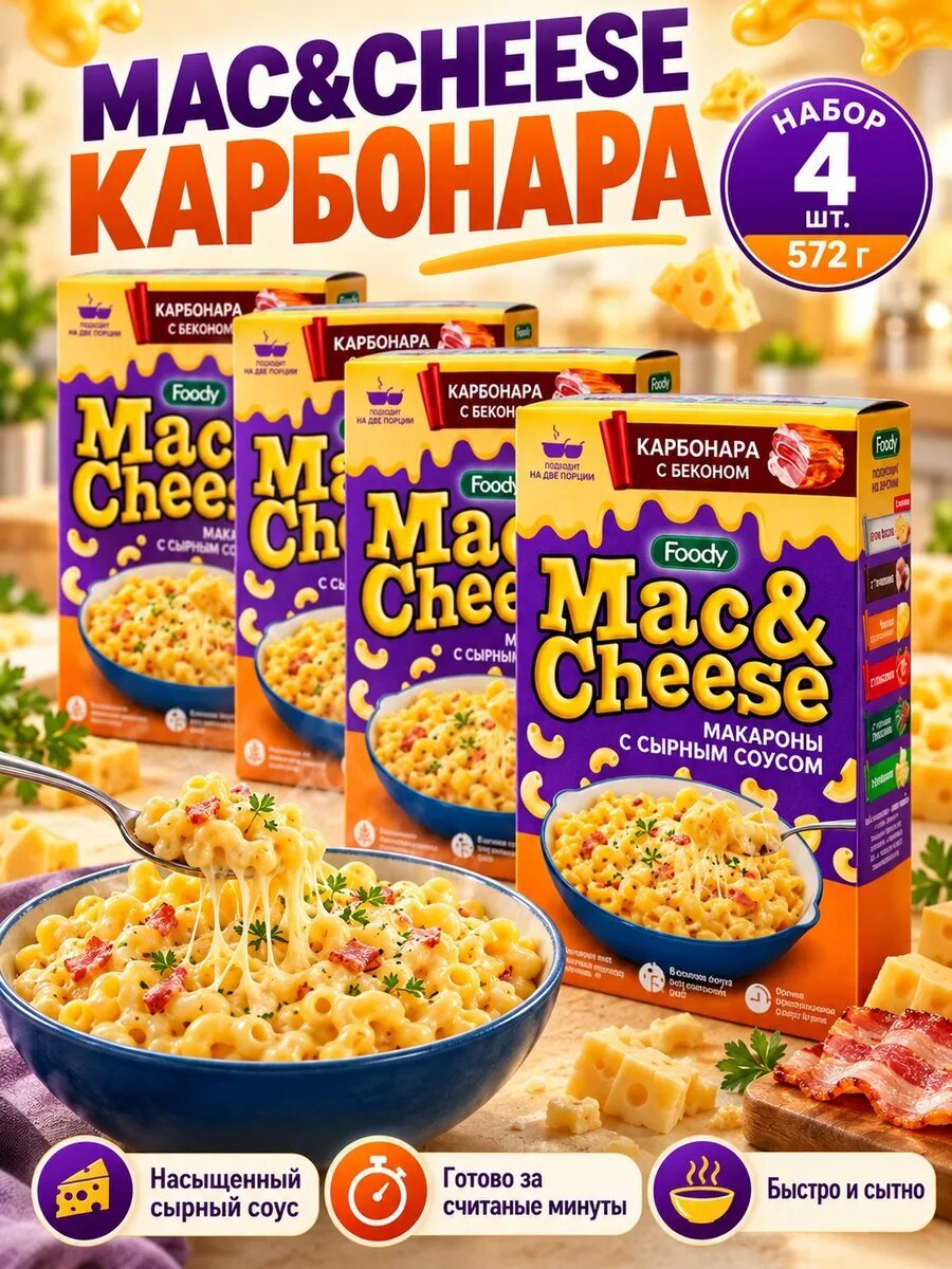 Макароны Mac&Cheese Карбонара с сырным соусом 4 шт 572 г, срок годности 10 мес