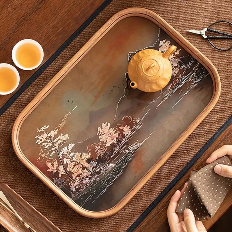 Бамбуковый стеклянный поднос для чая с чайником и чашками в китайском стиле в стиле ретро, аксессуары для проведения церемонии.