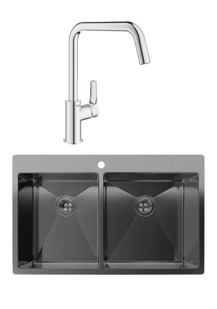 Комплект Мойка Rivelato Rinox 8050 B2 PVD black 80x50, PVD black, нержавеющая сталь / Смеситель Grohe Eurosmart 30567000 глянцевый хром