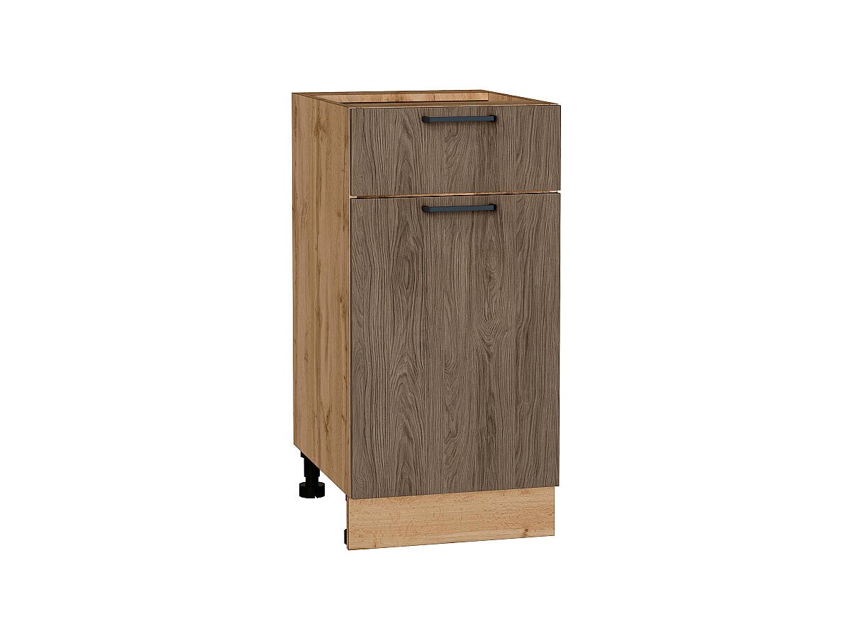 Шкаф нижний с 1-ой дверцей и ящиком Флэт, цвет фасада Brown Casella Oak 2S, цвет каркаса Дуб Вотан, 816*400*478 (В*Ш*Г) мм
