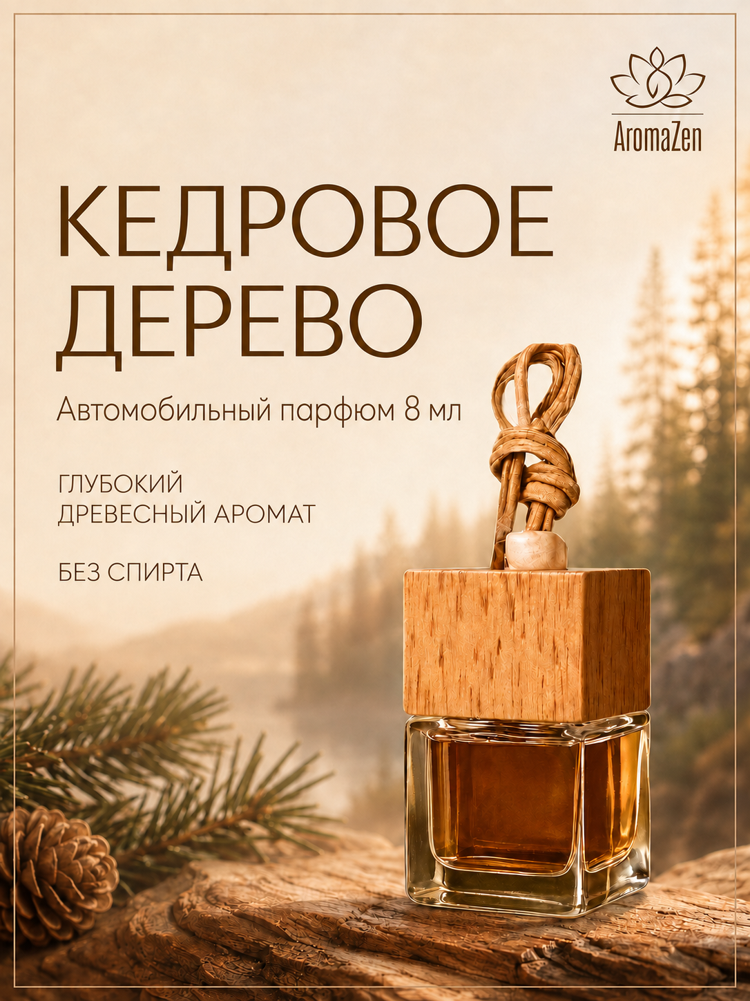 AromaZen Ароматизатор в машину Кедровое дерево, стойкий парфюм в авто 8мл