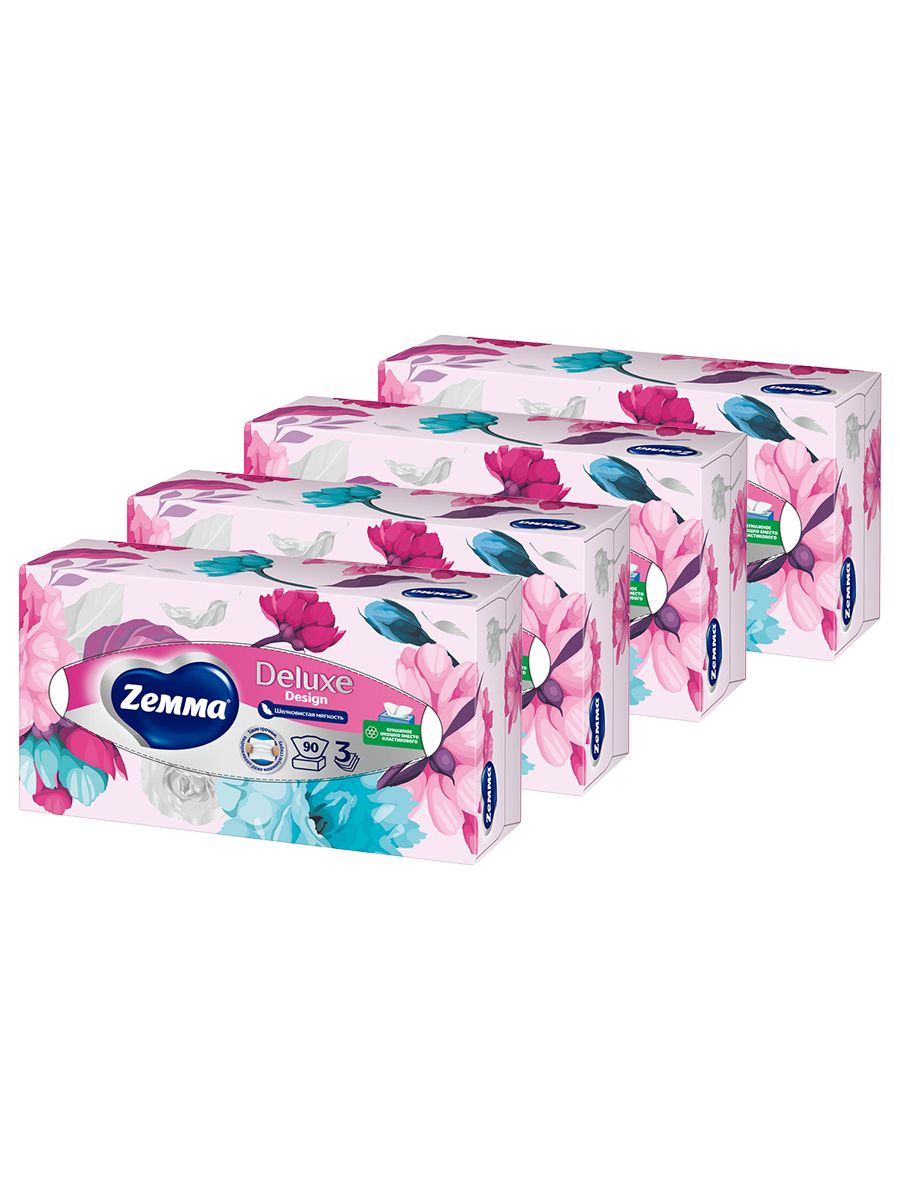 Салфетки бумажные косметические Zewa / Zemma Deluxe Дизайн, Зева, 90 шт * 4 упаковки