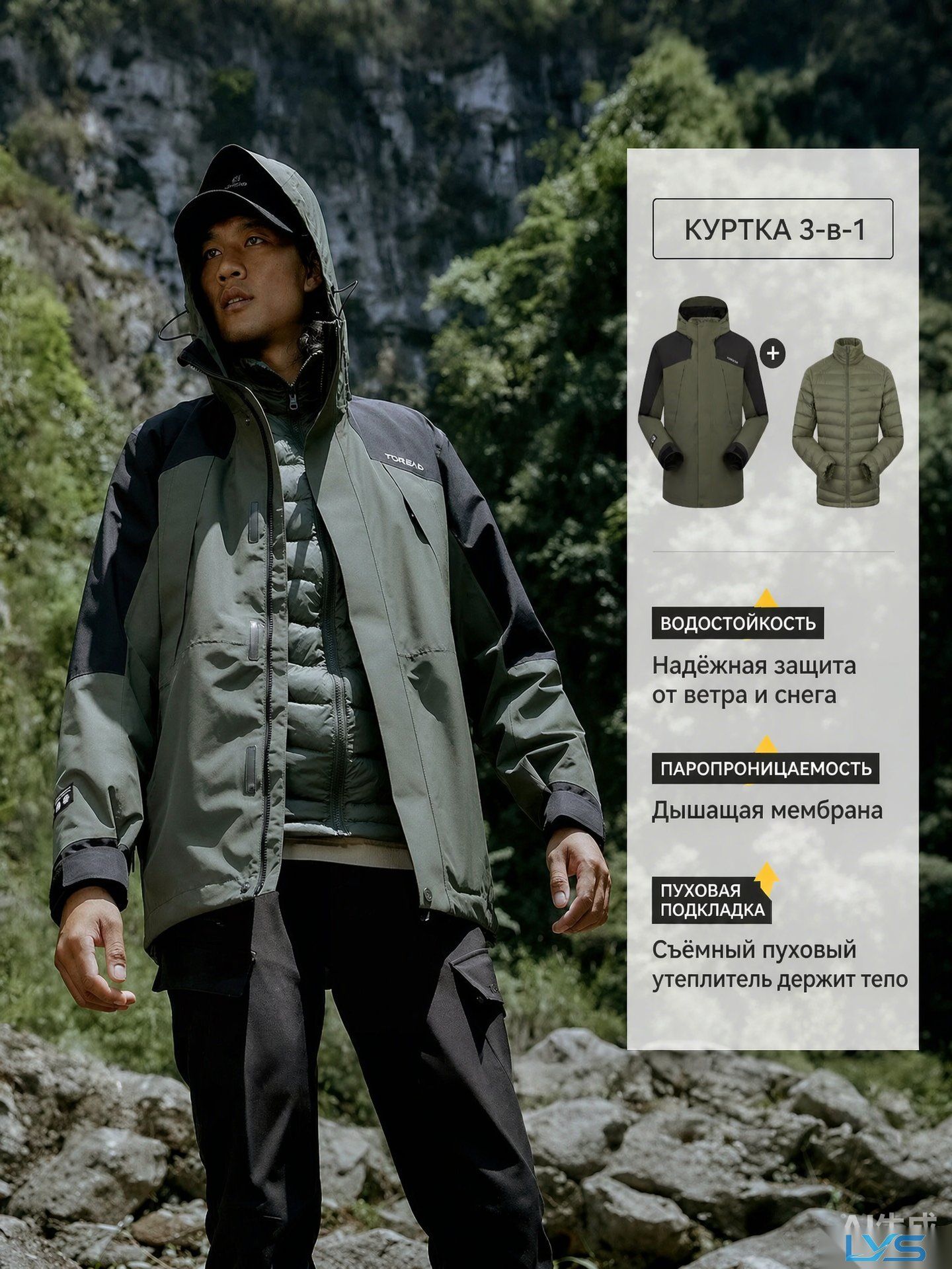 Куртка 3 в 1 TOREAD TAWWBM90758, Сосновый зелено-черный, российский размер 52 (XL)