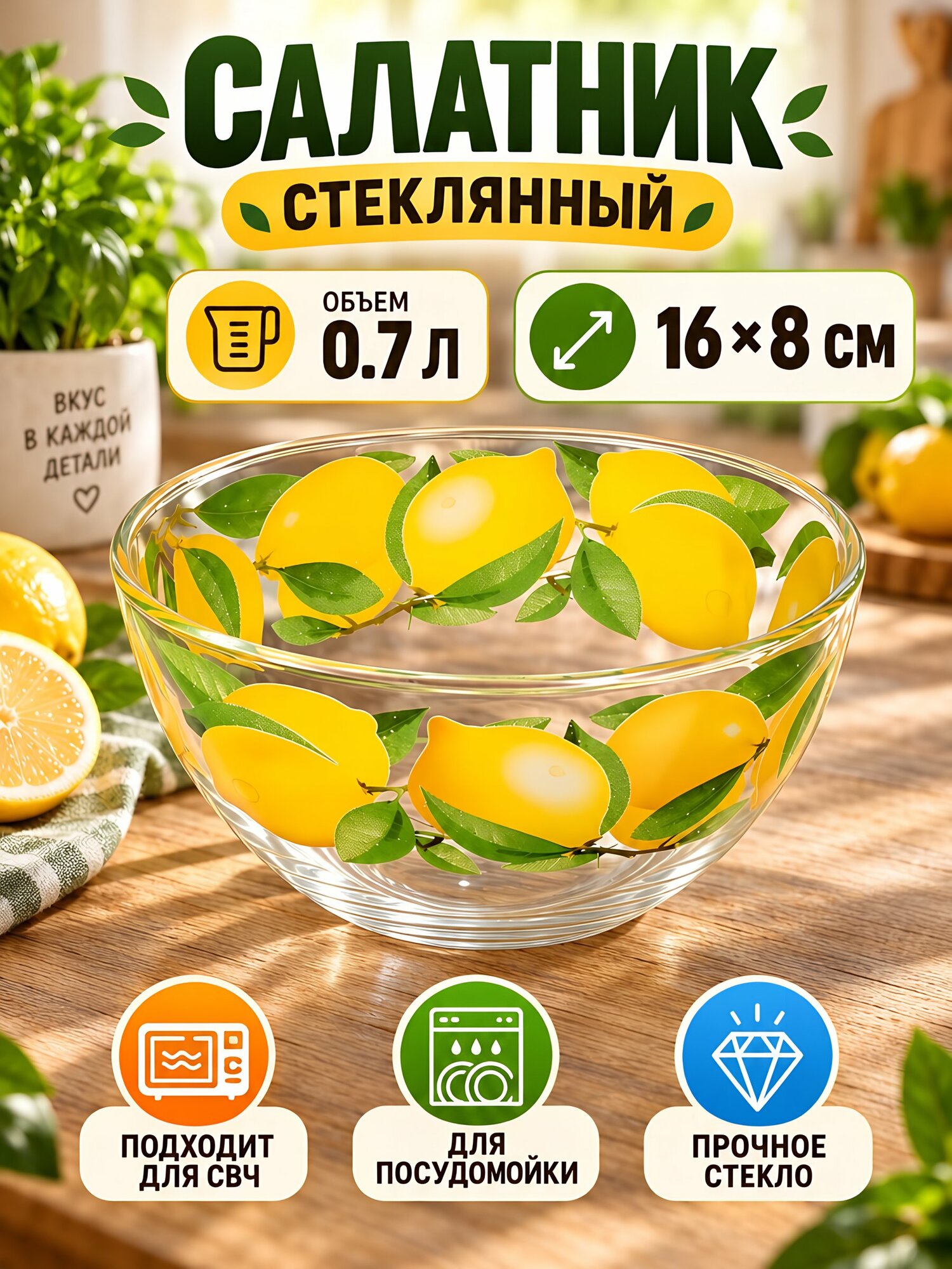 Салатник стеклянный Декостек Лимоны 0.7 л, 16 см. Круглая глубокая тарелка для салата в стиле прованс с фруктовым рисунком