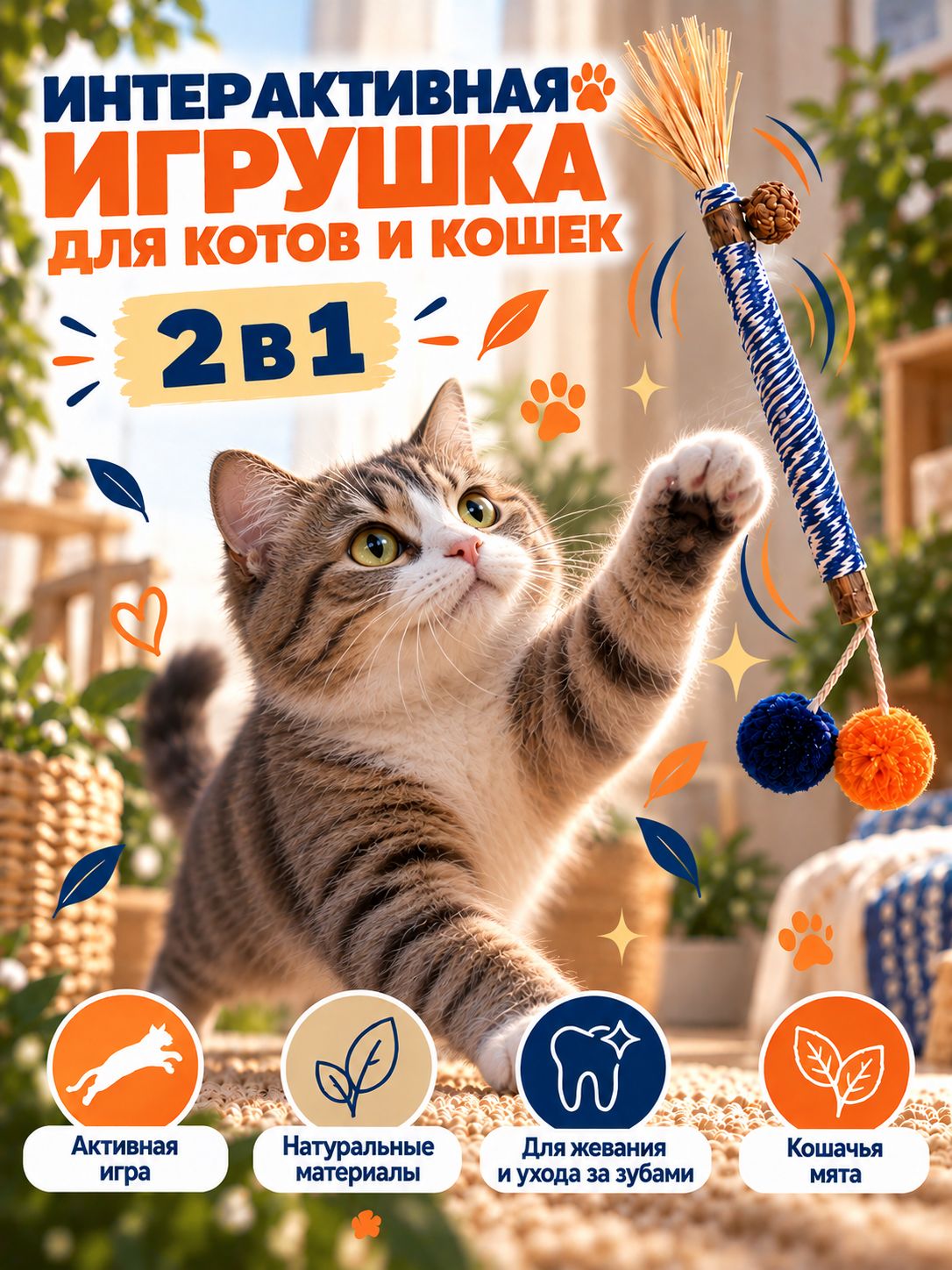 Игрушка с кошачьей мятой, синяя палочка с двумя помпонами и кисточкой
