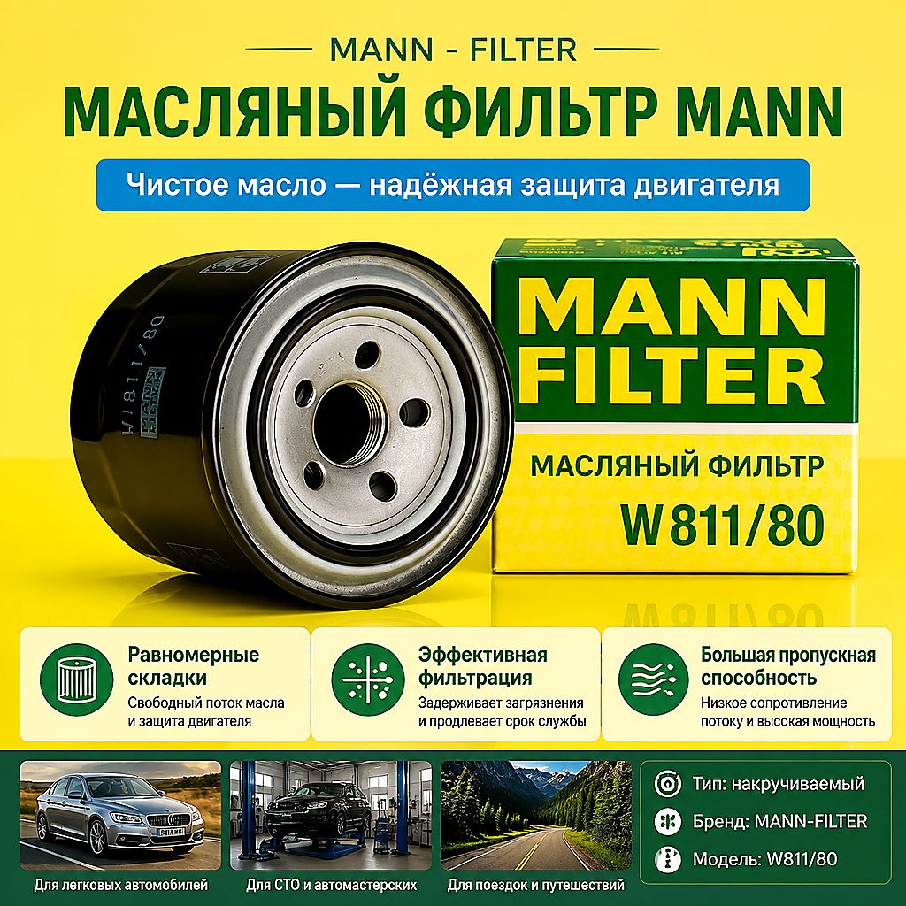 Масляный фильтр Mann W811/80 для Kia K2/K3/K3S/K4/KX7/K5/KX5/KX3 Sportage, с резиновым уплотнением