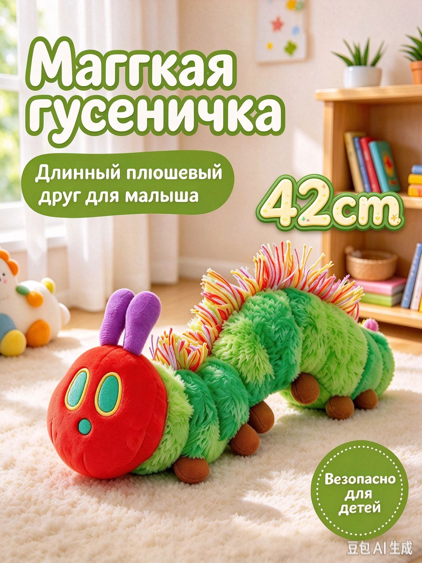 Плюшевая игрушка гусеница 42 см, мягкая кукла-подушка, Наполнитель полипропиленовый хлопок, Материал плюш и губка