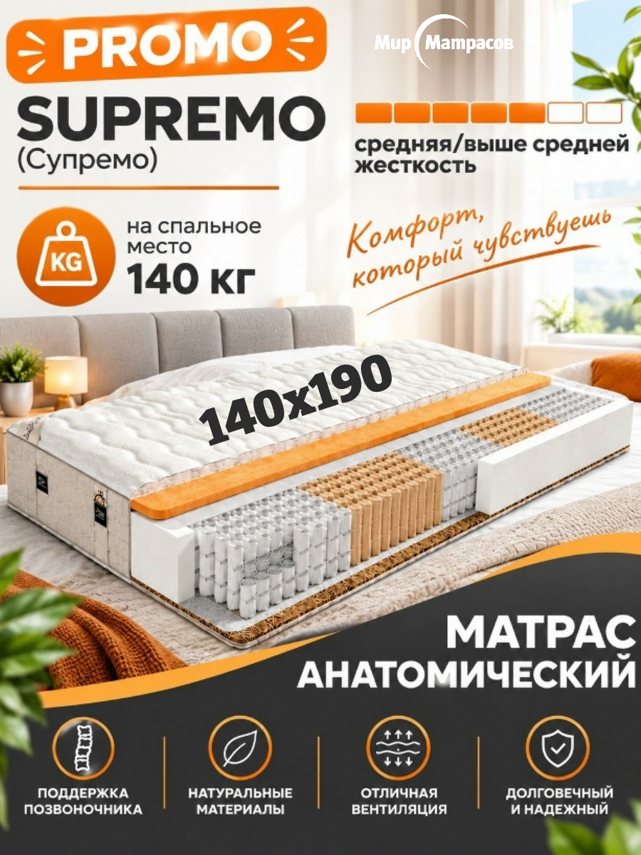 Матрас Supremo 140*190 Мир Матрасов, пружинный, ортопедический