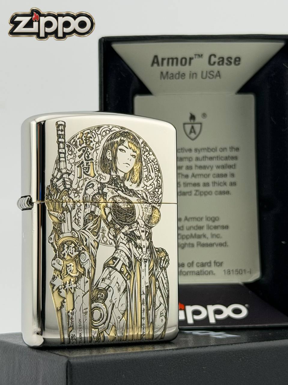 Зажигалка Zippo Cyberpunk Samurai — Девушка Самурай с Катаной, гравировка