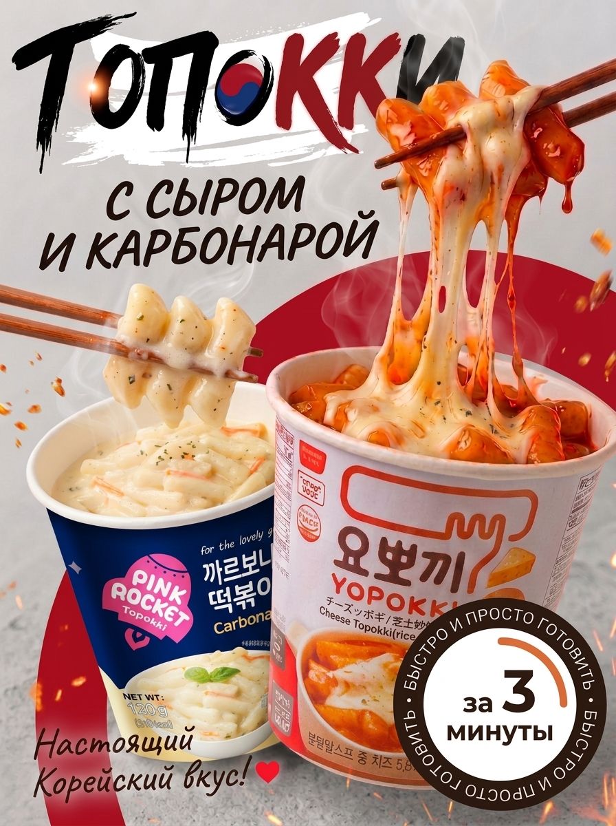 Рисовые палочки Топокки / Токпокки Pink Rocket Карбонара и Yopokki Сырный соус, 2шт х 120гр