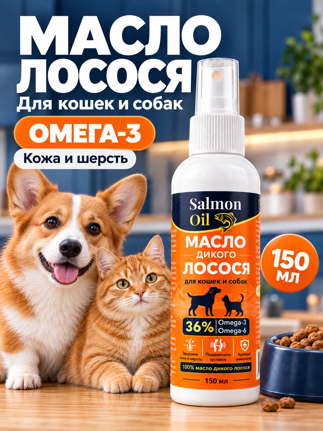 Лососевое масло для кошек и собак, Омега-3 для здоровья кожи, блеска шерсти, уменьшения линьки и поддержки суставов, рыбий жир, натуральная добавка в корм, 150 мл