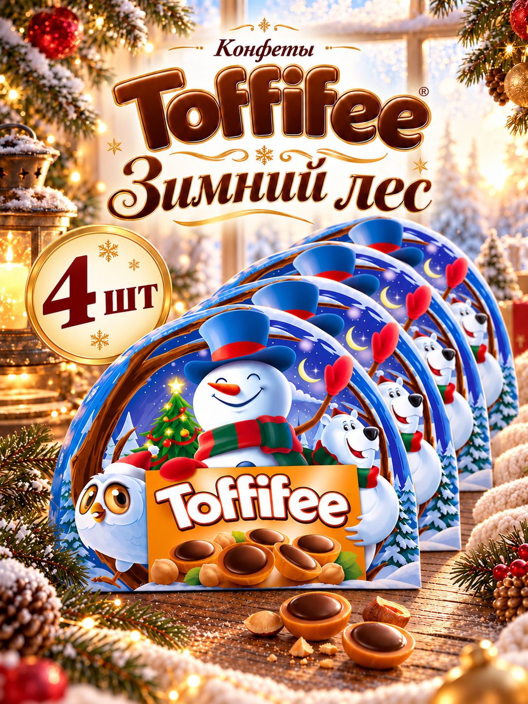 Конфеты Toffifee, Снеговик, Новогодняя серия для подарка, 4 шт по 15 конфет