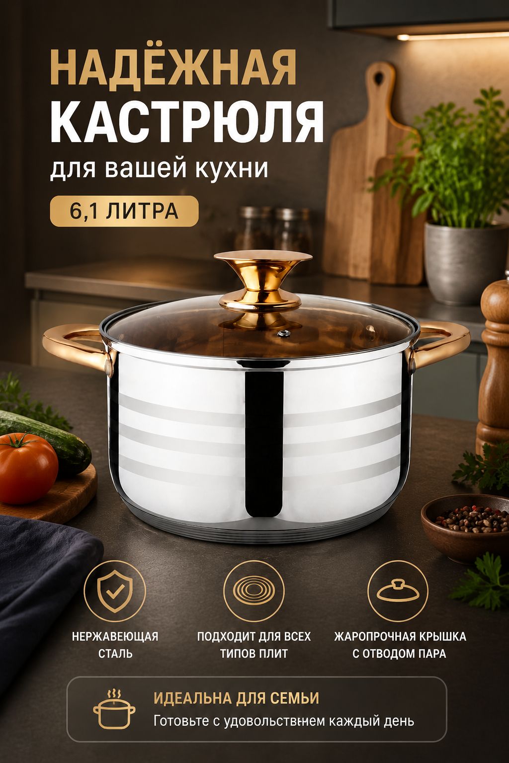 Котел пищевой 22 см 4,5 л с крышкой 2 шт нержавеющая сталь