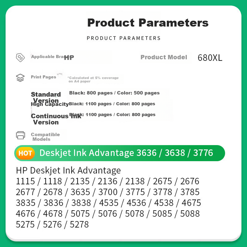 Caijin HP 680 Чернильный картридж совместимый с принтерами HP 3636 3638 3838 Высокая емкость 800 страниц цветной