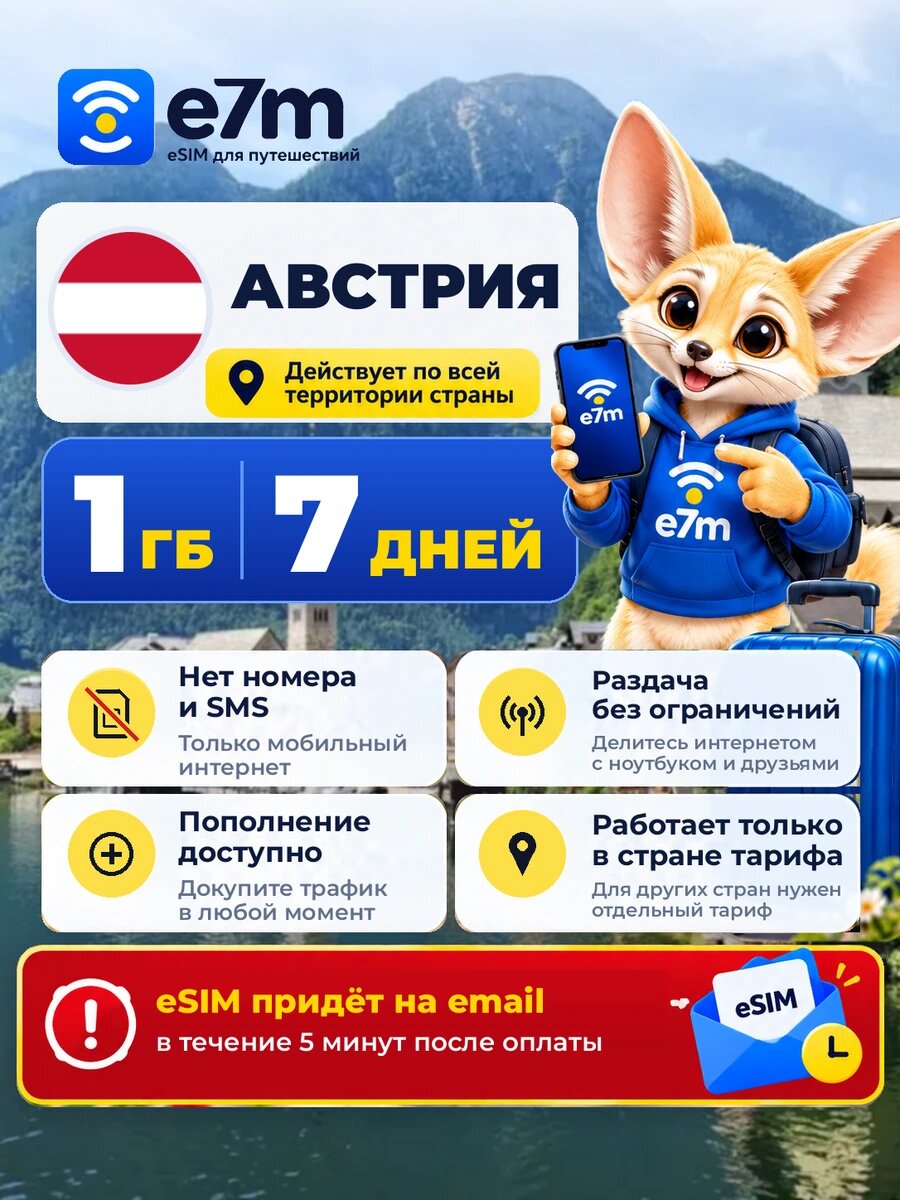 ESIM Австрия — мобильный интернет 1 ГБ на 7 дней | виртуальная SIM-карта для путешествий