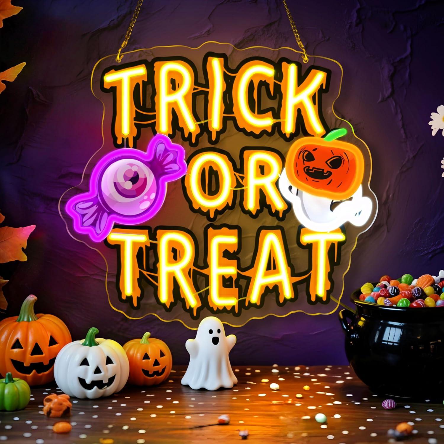 Неоновая вывеска Trick Or Treat с конфетой и тыквой Световой знак на Хэллоуин Декор для дома бара вечеринки