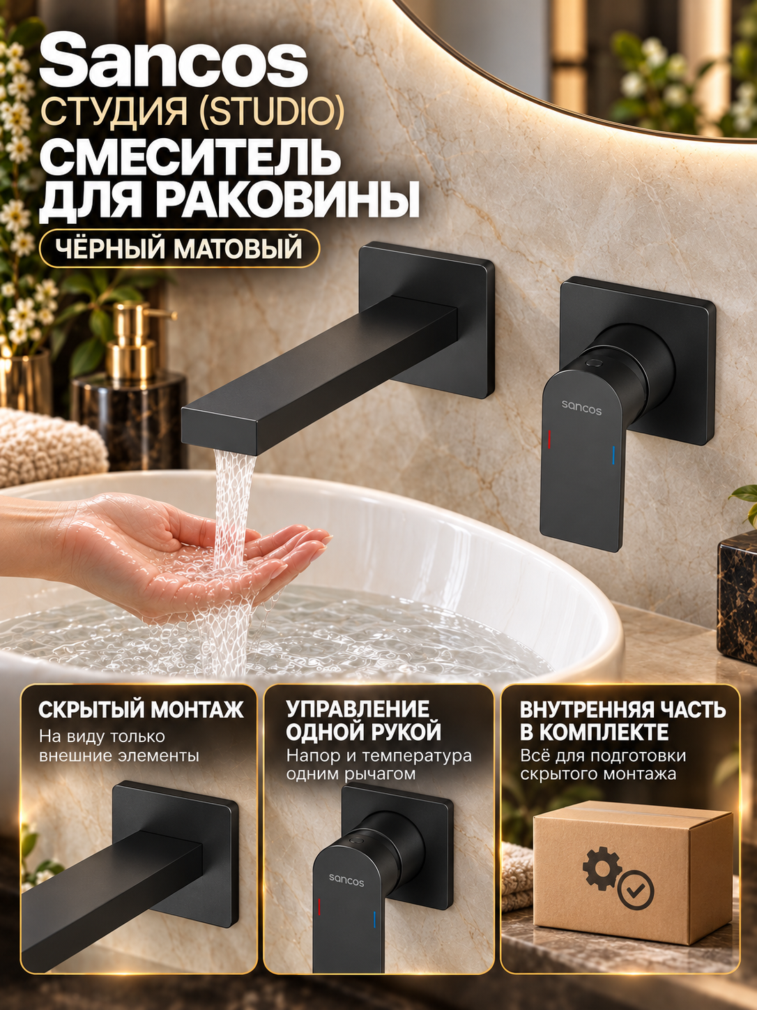Смеситель для раковины Sancos Студия (Studio) SC9039MB, встраиваемый, чёрный матовый