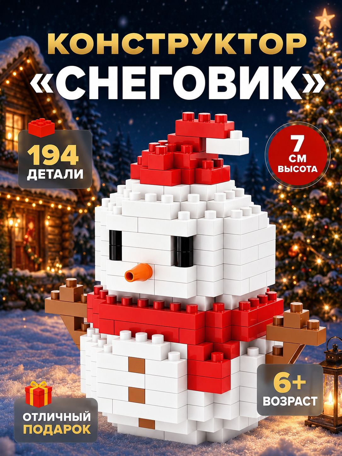 Конструктор детский новогодний Снеговик 3D из миниблоков, подарок на Новый год