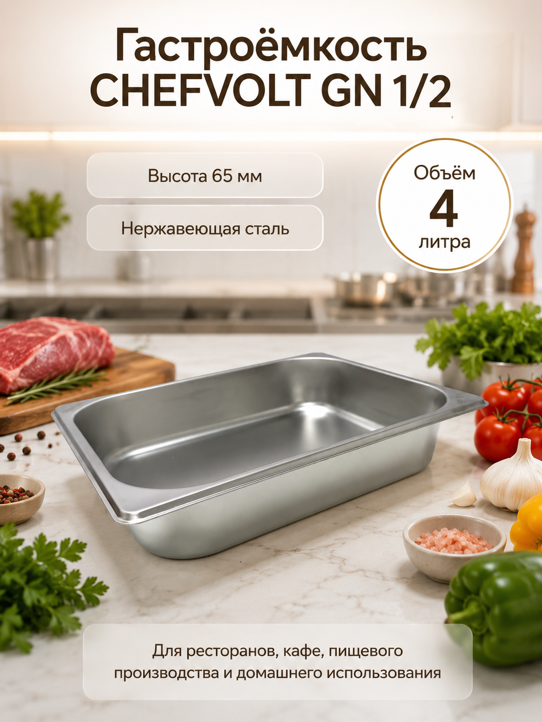 Гастроемкость GN 1/2-65 мм нержавеющая сталь CHEFVOLT