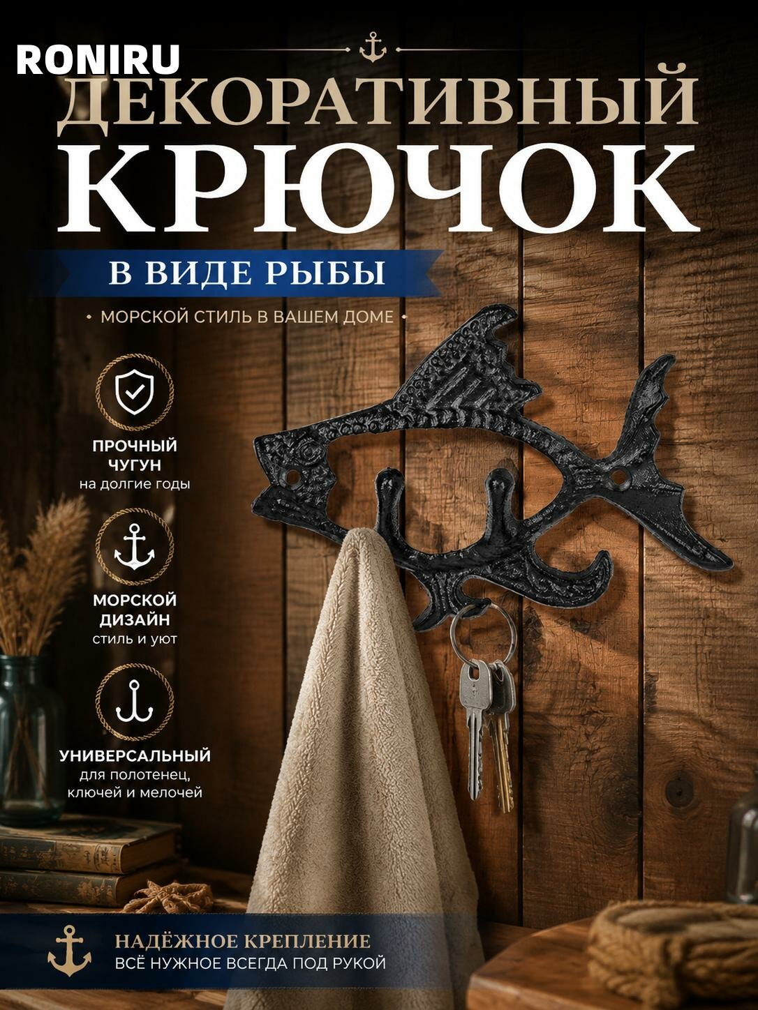 Декоративный крючок в виде рыбы из прочного чугуна — настенная вешалка для полотенец и ключей в морском стиле.