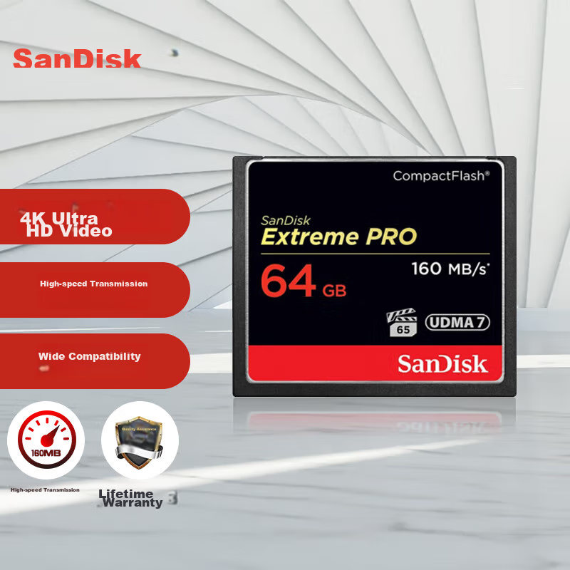 SanDisk 64GB CF карта 4K 3D UDMA7 чтение 160МБ/с запись 150МБ/с Версия：64 ГБЁмкость：CF карта высокой скорости