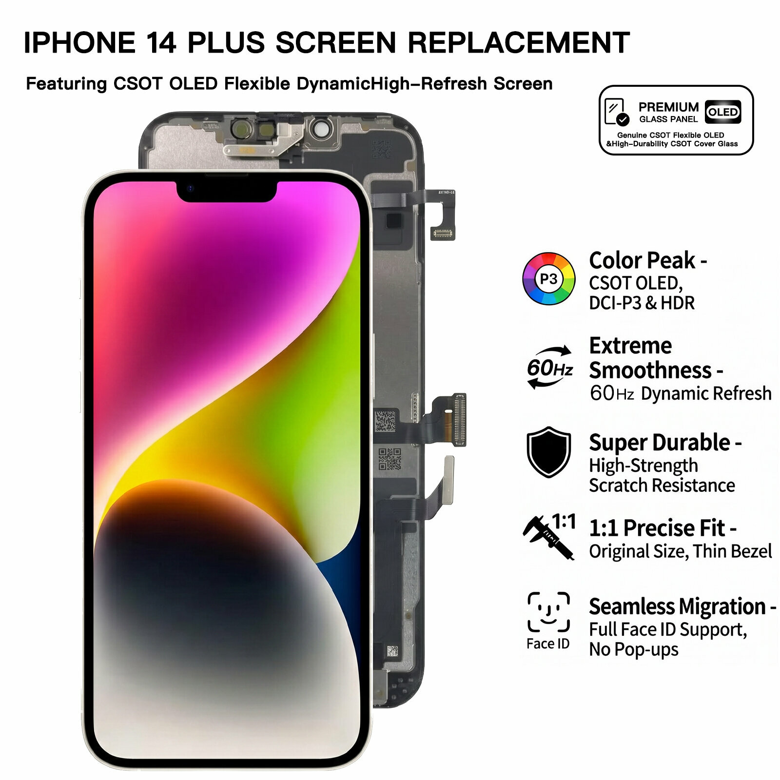 Гибкий OLED-экран-замена для iPhone 14 Plus: 60 Гц, рамки 0.9 мм, высший китайский класс