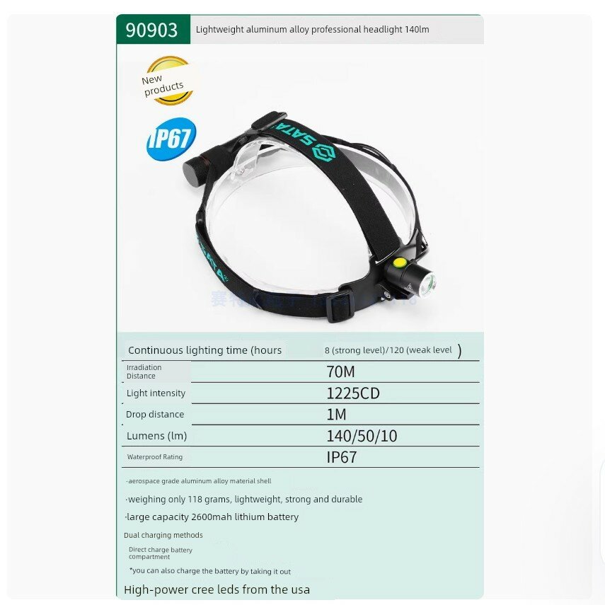 Фонарь-шапка SATA 90903 дальний свет перезаряжаемый литий-ионный высокая яркость светодиодная рабочая лампа