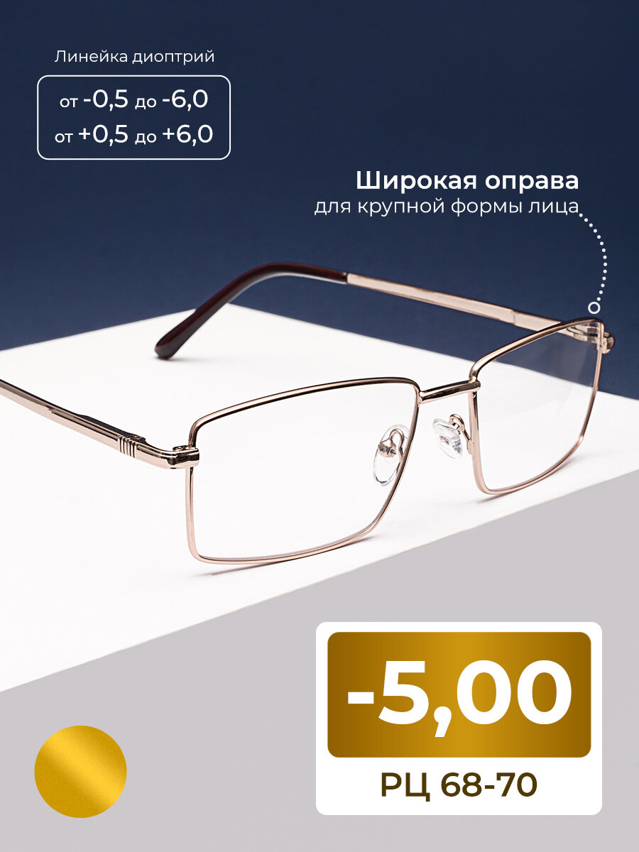 Мужские очки РЦ 68-70 для дали (-5.00) без футляра, цвет золотой, линзы пластик, РЦ 68-70