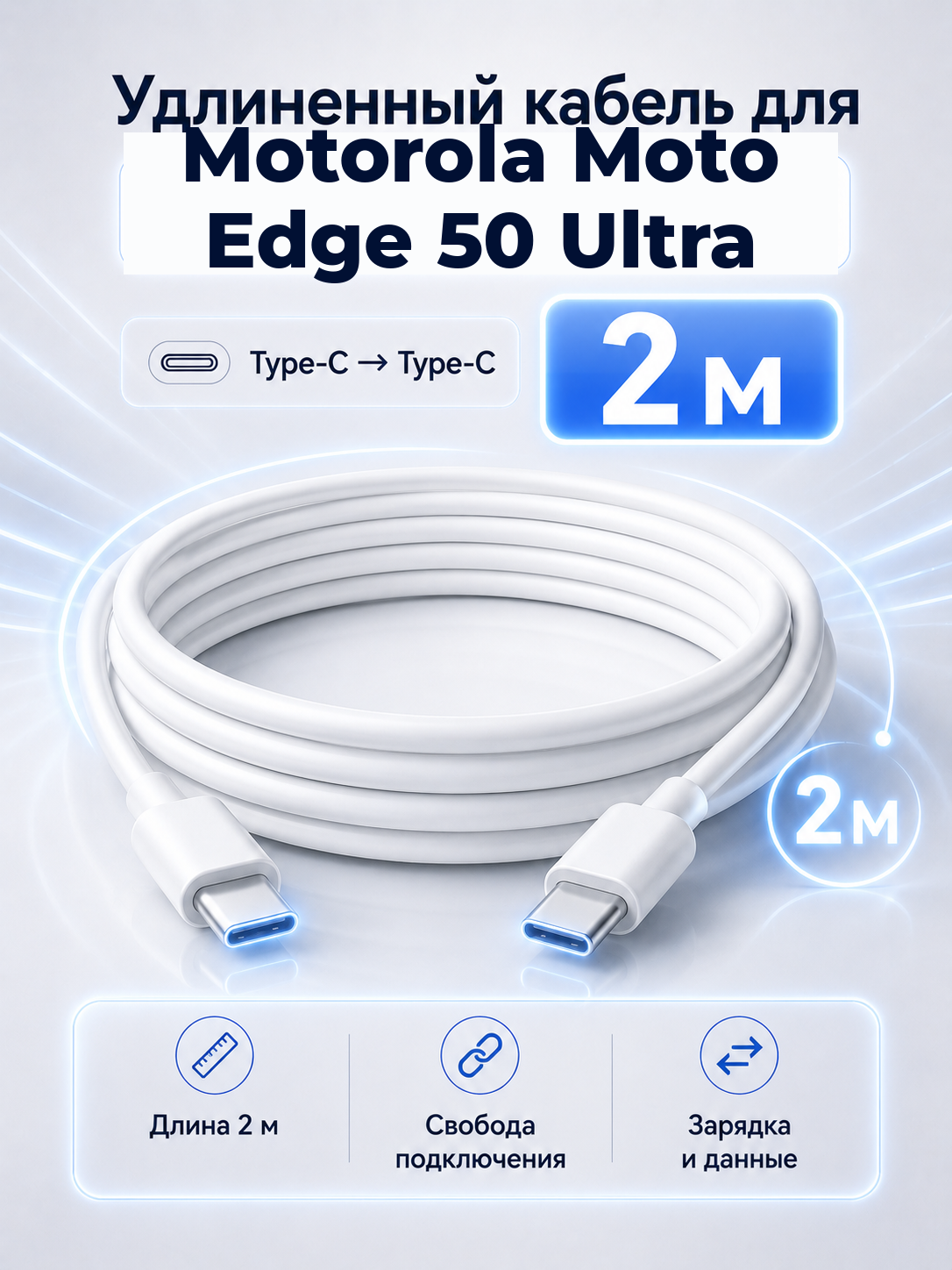 Удлиненный кабель для Motorola Moto Edge 50 Ultra Type-C на Type-C, 2 м