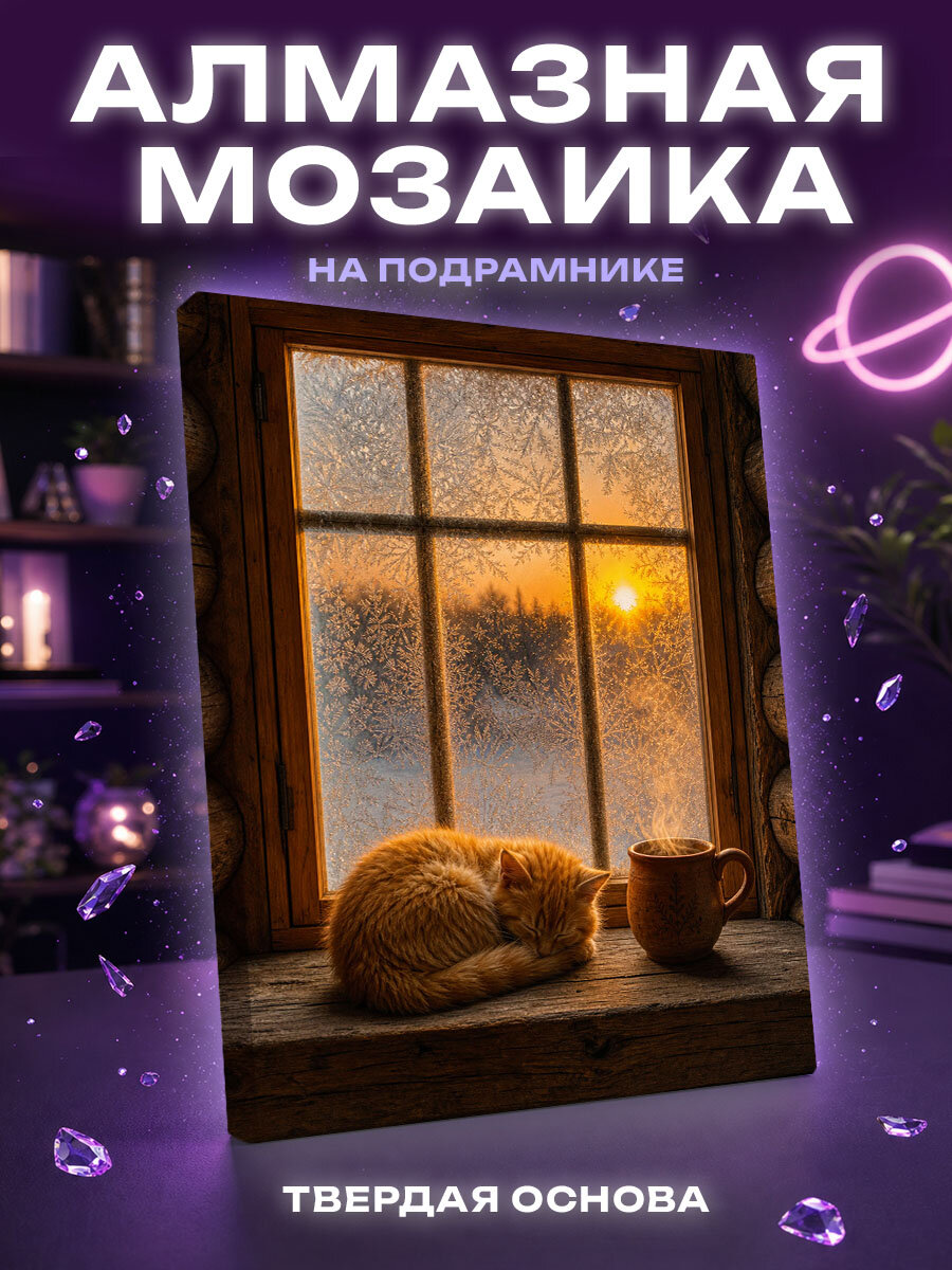 Алмазная мозаика Рыжий котёнок у зимнего окна