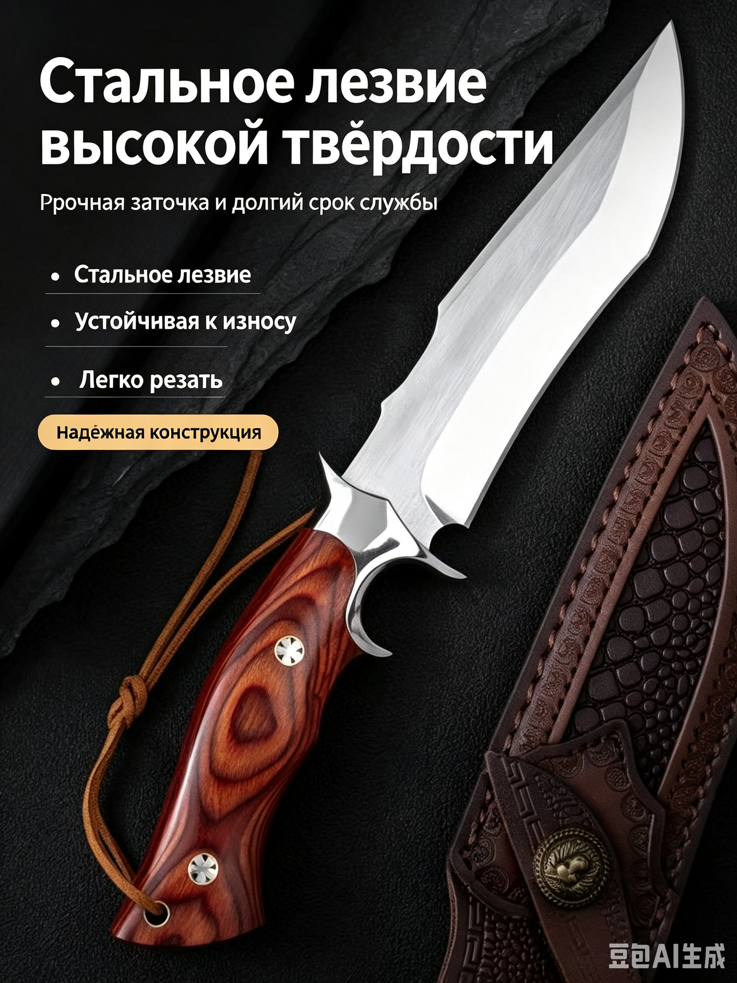 Универсальный нож с лезвием M390, ручкой из красного дерева и кожаным чехлом, для кемпинга