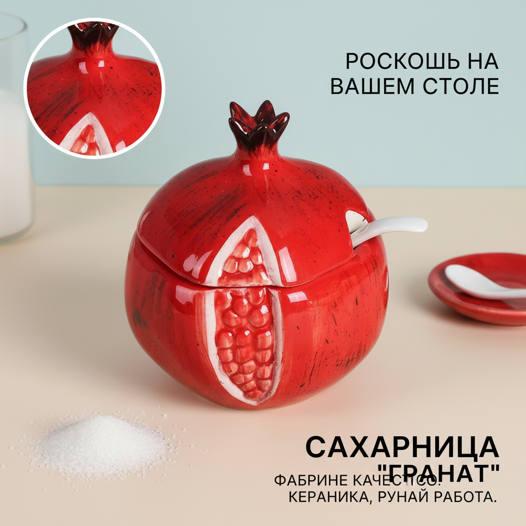 Сахарница керамическая в виде граната с ложкой, красная, диаметр 9 см, 1 шт