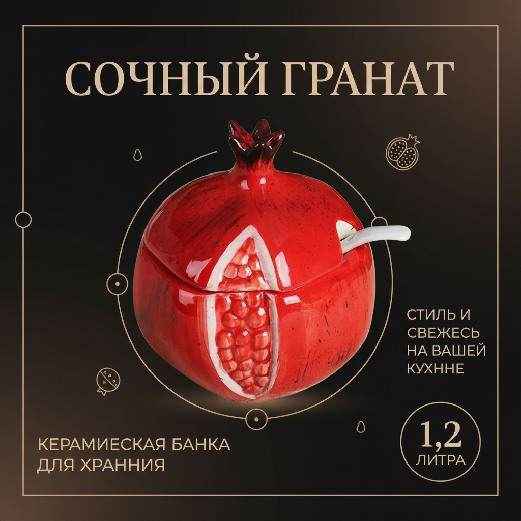 Сахарница керамическая в виде граната с ложкой, красная, диаметр 9 см, 1 шт
