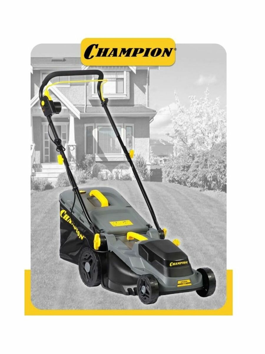 Газонокосилка электрическая CHAMPION (1,6 кВт, пластик+ткань травосборник 42л, ширина 380мм, 30-75мм, 11,3кг)