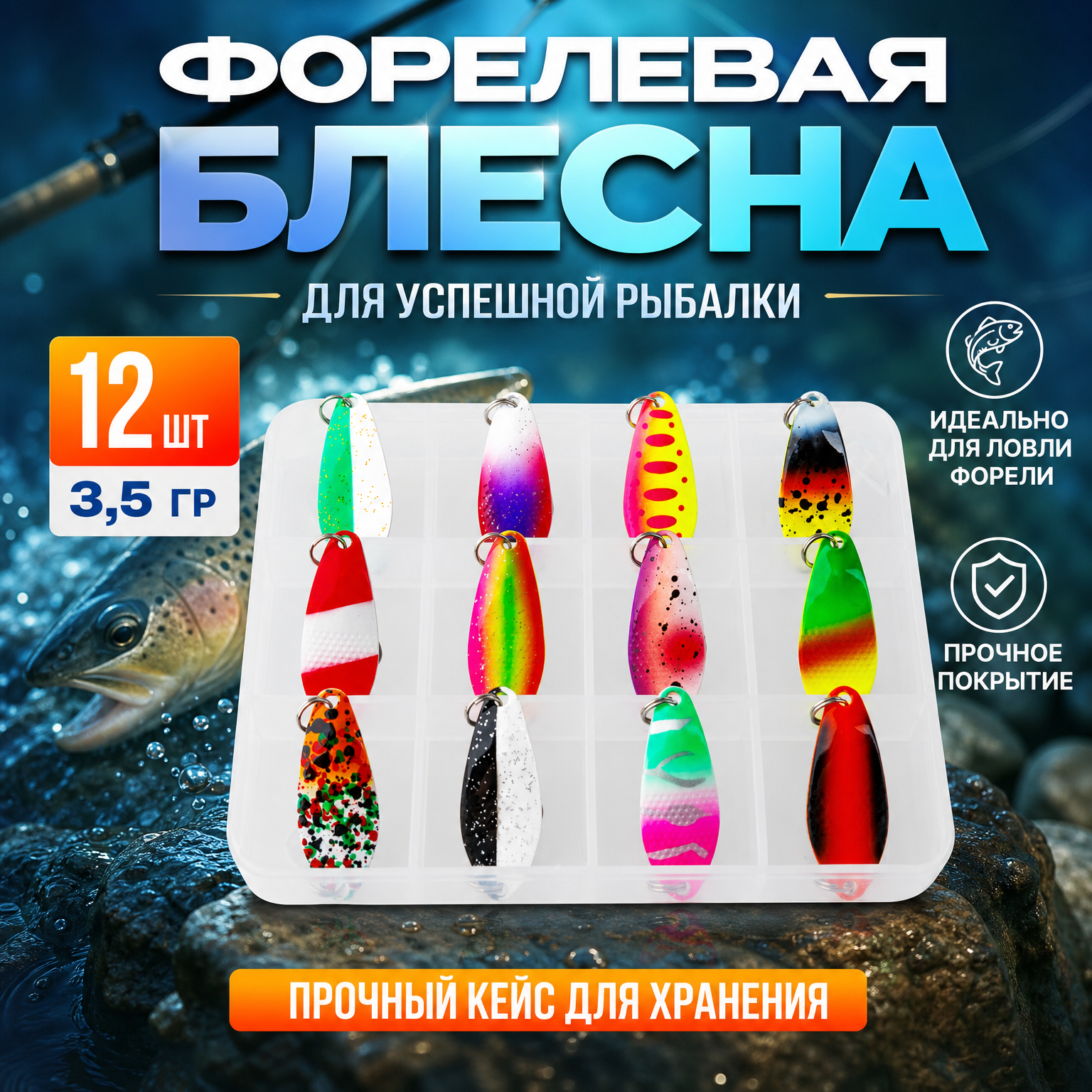 Форелевая блесна вращающаяся для рыбалки набор в кейсе 6гр, 15 шт. (Цвет товара: форелевые блесны 15 цветов набор; Длина: 55 мм; Покрытие: прочное)