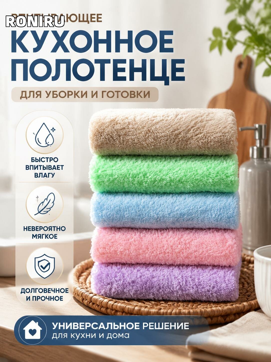 Впитывающее кухонное полотенце для уборки и готовки — быстро впитывает влагу, мягкое, долговечное, универсальное