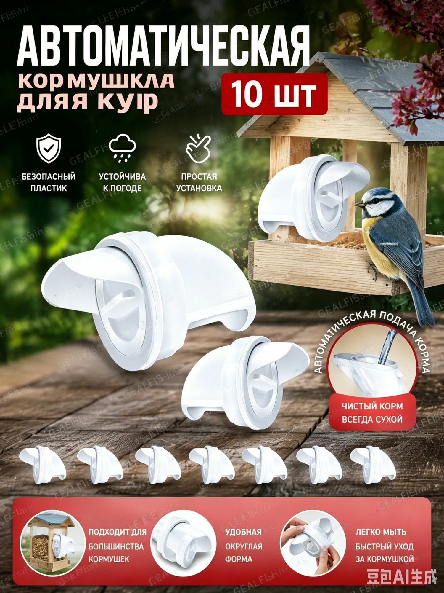 GEALFIS Автоматическая кормушка для кур, несушек, цыплят, бункерная, антирассыпная, регулируемая подача корма для птицы дозировка корма курятник птицеводство