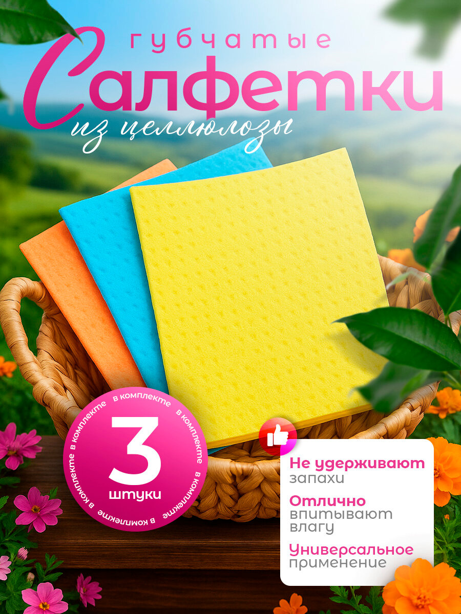 Салфетки губчатые для кухни, тряпки для уборки, целюлозные, 15x17 см, 3 шт