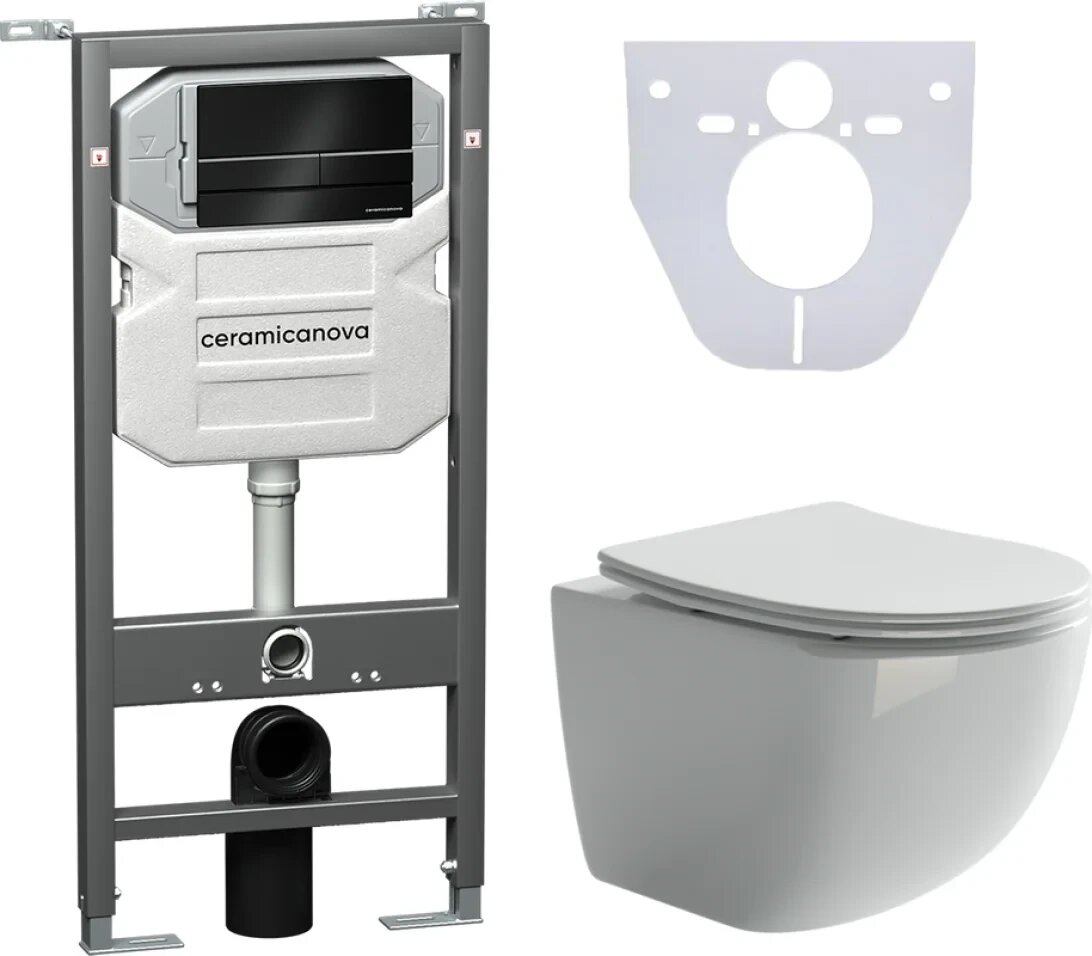 Комплект Унитаз подвесной Ceramicanova Forma CN3009 безободковый, с микролифтом + Инсталляция Envision CN1002B + Кнопка Flat, черная матовая