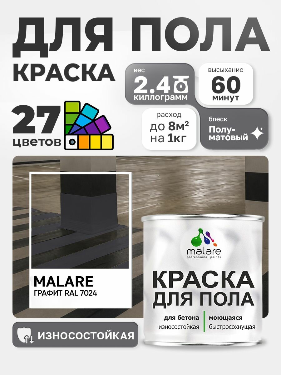 Краска Malare для бетонного пола, краска по металлу, износостойкая, полуматовая, графитовый, 2,4 кг