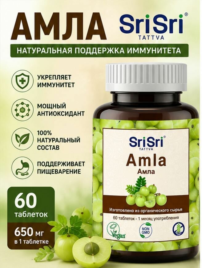 Амла Sri Sri Tattva 60 таблеток по 650 мг, натуральный источник витамина С и антиоксидантов, аюрведический комплекс, для иммунитета, эмблика лекарственная