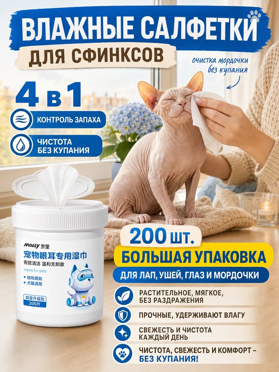Салфетки для кошек сфинкс для глаз и ушей