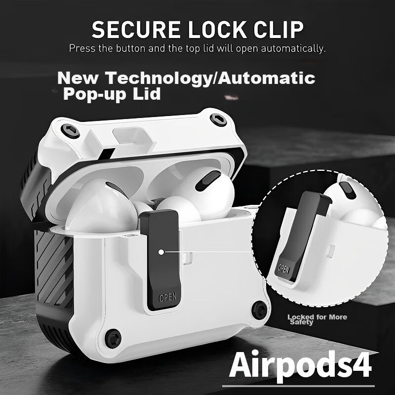 Chuangsimi AirPods 4 Protective Case, Shockproof Armor Shell, Fourth Generation Apple Wireless Bluetooth Earphone Cover, Anti-Loss, Smart Opening, Clip-On with Hook, White