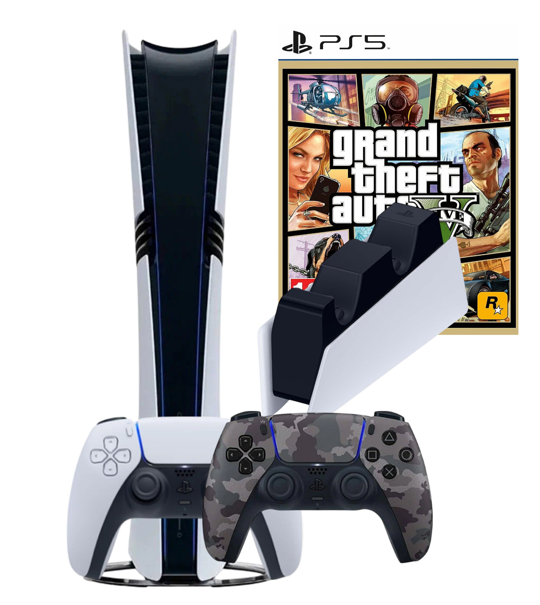 Игровая приставка PS5 Pro + игра PS5 GTA+ DualSense PS5 Camouflage + Dualsense Charging Station