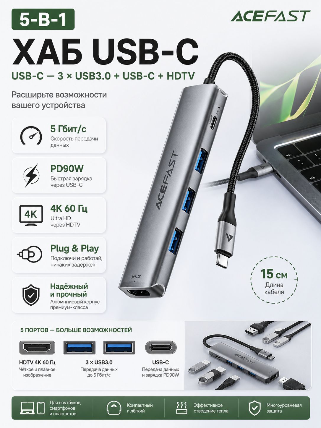 USB-хаб ACEFAST 5-в-1 USB-C 3 USB3.0 + USB-C + HDTV