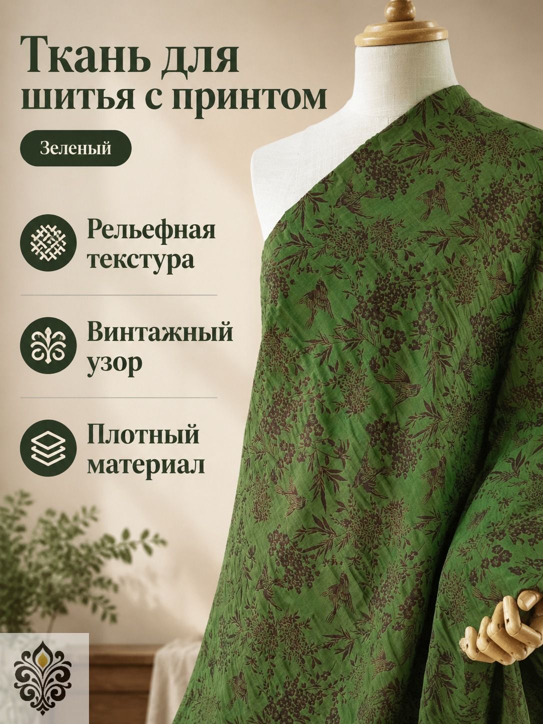 Ткань с цветным жаккардовым рисунком в стиле неокитайского: фазаны, бамбук и слива на зелёном фоне, 140 см ширина